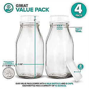 Stock Your Home 12 oz Glass Bottles (4 Pack) - Reusable Food Grade Bottles with Tamper Proof Caps - Multipurpose Juice Containers for Cold Beverages