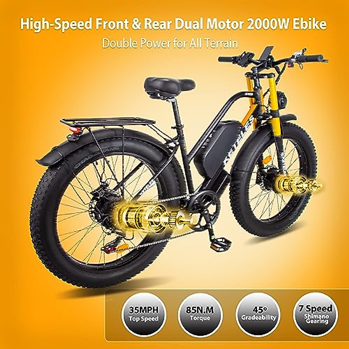 KETELES Upgraded Electric-Bike 2000W-46Ah-35MPH Dual-Motor Dual-Battery Ebike-Adults-Men - 26" Fat Tire Dirt-Bike Up to 150Miles Hydraulic Disc Brake for Snow Beach Mountain (US Warehouse)
