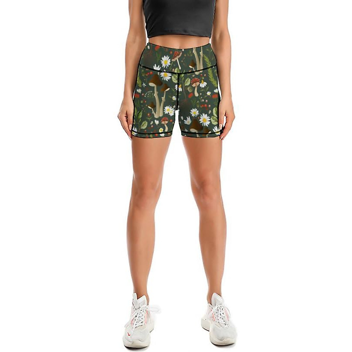 Green Flower Mushroom Daisy Camouflage Floral Women's High Waist Bike Shorts for Workout Sports Athletic Running Hiking Biker Yoga Gym XL Size
