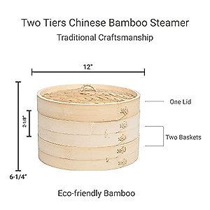 JapanBargain 2224, Large Chinese Bamboo Steamer Steaming Basket for Vegetable Seafood Dim Sum Dumpling Bun Egg , 12-inch