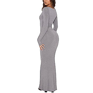 REORIA Women's Sexy Casual V Neck Long Sleeve Lounge Long Dress Elegant Fall Wedding Guest Tight Ribbed Bodycon Maxi Dresses Light Grey Small