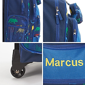 Lillian Vernon Personalized Rolling Luggage for Kids, 5-Pocket Dinosaur Suitcase Set With Clip-On Pouch, Customizable Boys Travel Carrier on Wheels, 6W x 15.5L x 23”H