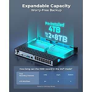 REOLINK 4K 16 Channel Network Video Recorder for Security Camera System, Work With 4K/5MP/4MP HD Reolink IP Cameras PoE NVR, 24/7 Recording to Pre-Installed 4TB Hard Drive, RLN16-410-4TB