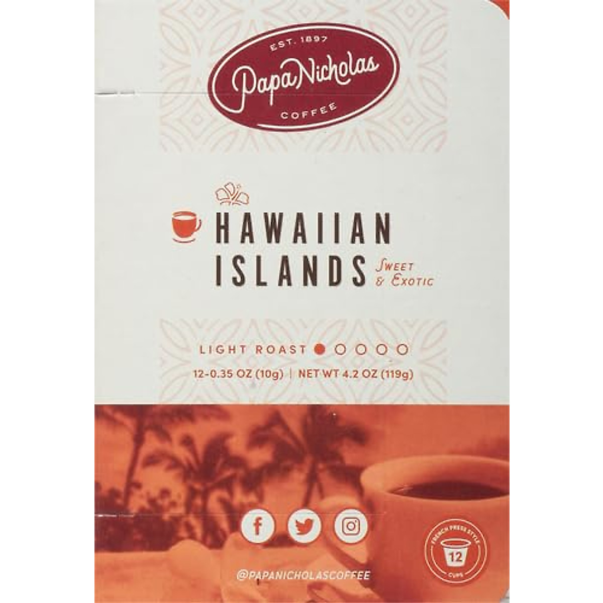 Papanicholas Coffee Single Serve Coffee Cups, Fits Keurig K Cup Brewers, Coffee Pods Hawaiian Islands Blend,12 Ounce