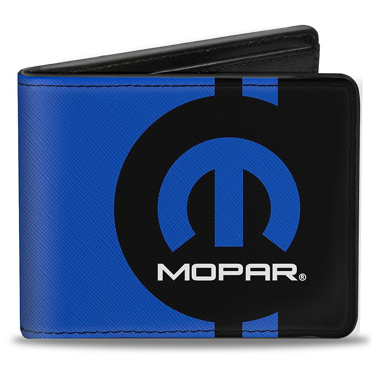 Buckle-Down Men's PU Bifold Wallet-Mopar Logo/Stripe2 Black/Blue, Multicolor, 4.0" x 3.5"