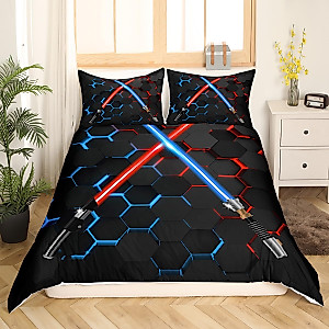 Neon Red Blue Lightsaber Duvet Cover Set Queen Size Geometric Honeycomb Bedding Set 3Pcs for Kids Girls Boys Teens Room Decor Fashion Games Comforter Cover Black 3D Hexagon Quilt Cover,2 Pillowcases