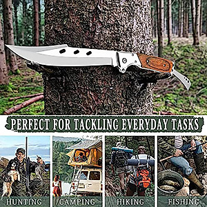 MADSABRE 12.7" Large Folding Knife Tactical Knives with Rosewood Handle and Sheath - 7.2" Long Blade Big Pocket Knife for Men for EDC Survival Hunting Camping Hiking Tools