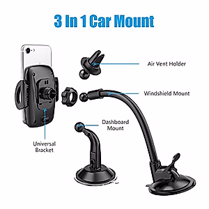 WixGear 3-in-1 Universal Car Phone Mount, Phone Holder for Car, Cell Phone Car Mount Air Vent Holder with Dashboard Mount and Windshield Mount for Cell Phones
