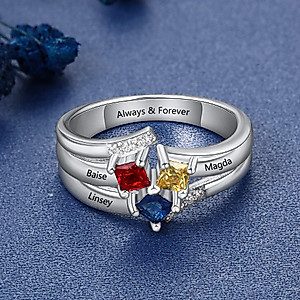 GLAMCARAT Sterling silver Personalized 3 Stone mothers ring Women engraved Name Rings for mom, birthstone ring for her family jewelry Promise Ring