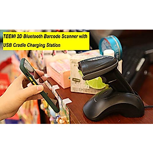 TEEMI Bluetooth Barcode Scanner with USB Charging Cradle Data Receiver, 1D 2D QR Wireless Imager with Vibration Alert for iOS Android Devices, BT 5.0 Longer Transfer Range, Handsfree Screen Scanning