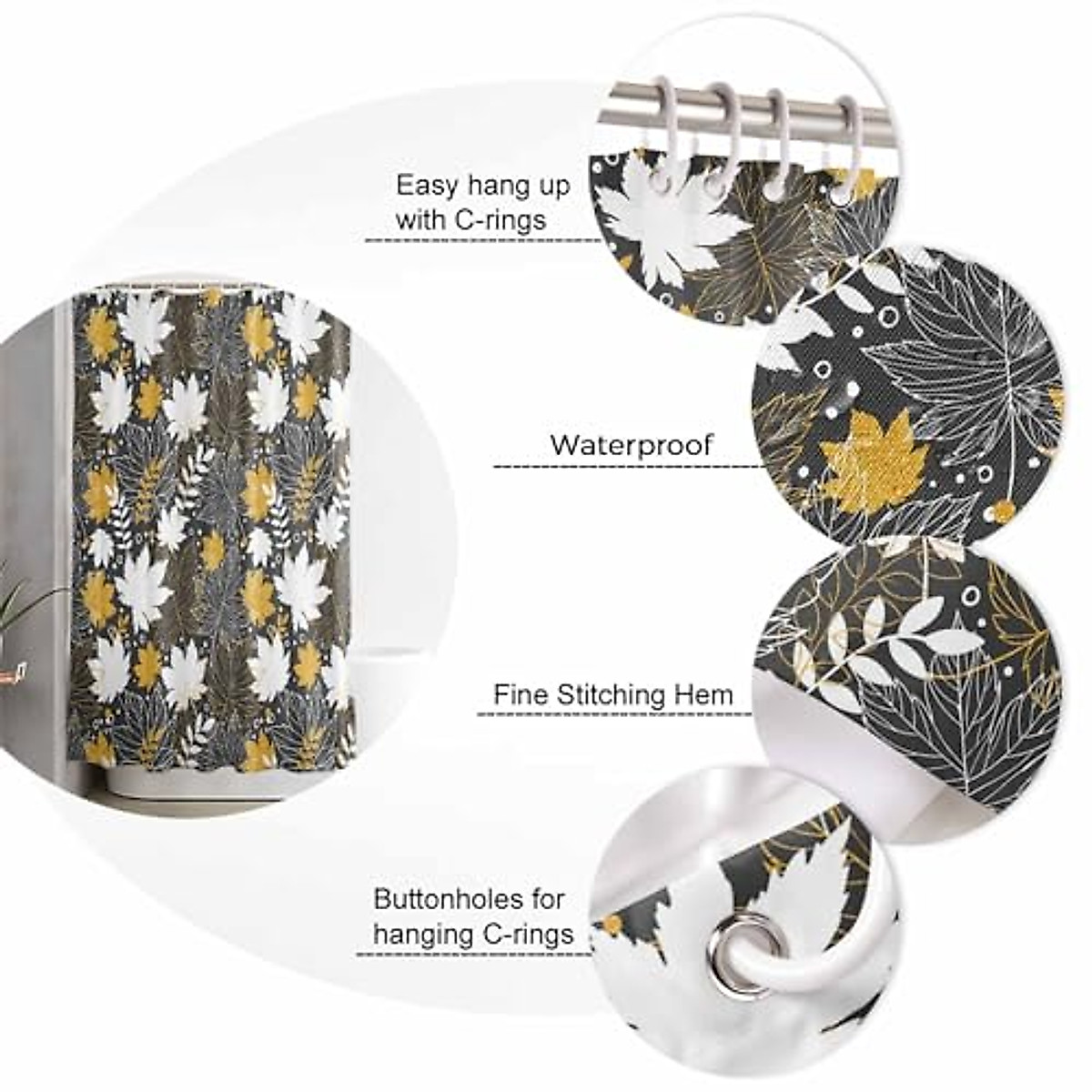 Double Love Autumn Maple Leaves Bathroom Curtain 72 Inch Shower Curtain with Hooks, Waterproof Polyester Bath Curtain Washable Bathtub Curtain Yellow White Gold Leaf Black Backdrop 48''x 72''