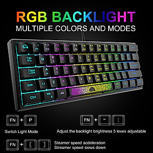 60% Wired Gaming Keyboard and Mouse Combo,Compact RGB Backlit Mini Mechanical Feel Keyboard Converter Adapter,RGB 6400 DPI Lightweight Gaming Honeycomb Shell Mouse for Xbox,PC,Laptop,MAC