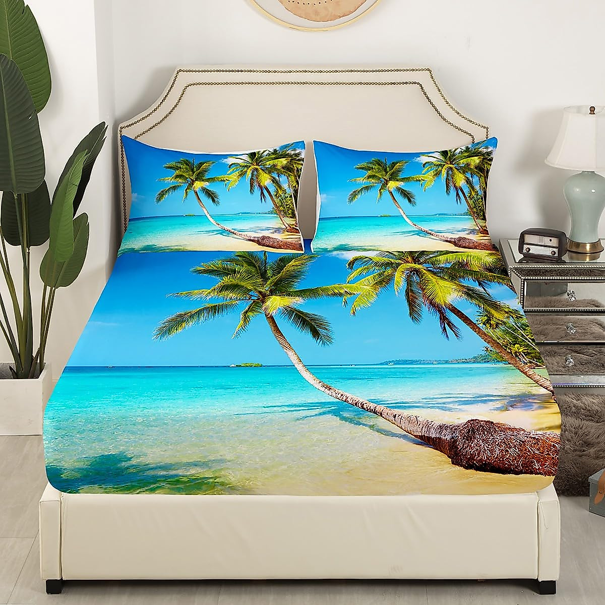 Ocean Beach Fitted Sheet Full Size, Hawaiin Palm Tree Bed Sheets Sets, Summer Coastal Sheets, Tropical Vacation Style Bedding Set, Blue Sea Wave Top Sheet 3Pcs with 2 Pillow Cases Deep Pocket
