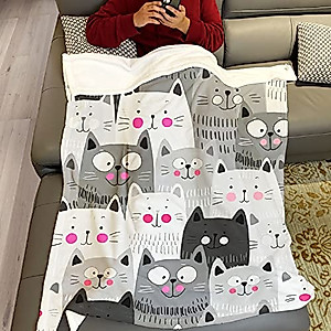 YISUMEI Cute Cat Throw Blanket Grey and White Smiling Cat Fleece Blanket Soft Warm Cozy for Kids Adult Gifts 50"x60"