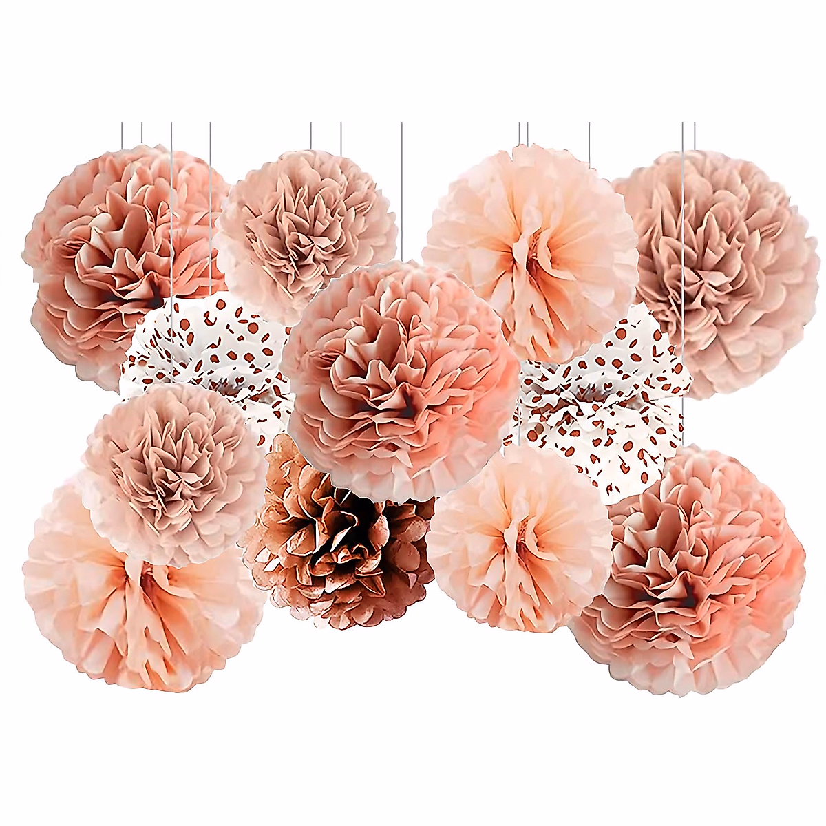Blush Pink Rose Gold Hanging Tissue Paper Pom Poms,12Pcs Pompoms Flowers for Boho Birthday,Bachelorette, Bridal Shower Decorations, Wedding, Baby Shower Decorations