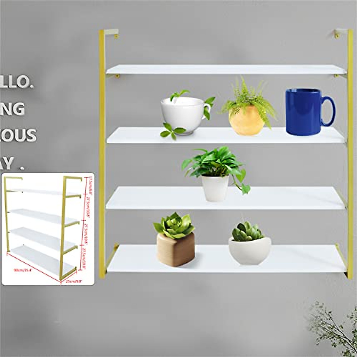 GDAE10 Modern Wall Mounted Shelf Gold Metal Wall Shelf with Wooden Board Floating Storage Rack Wall Mounted Bookshelf Suitable for Living Room Study Bedroom (36 Inch 4 Layer)