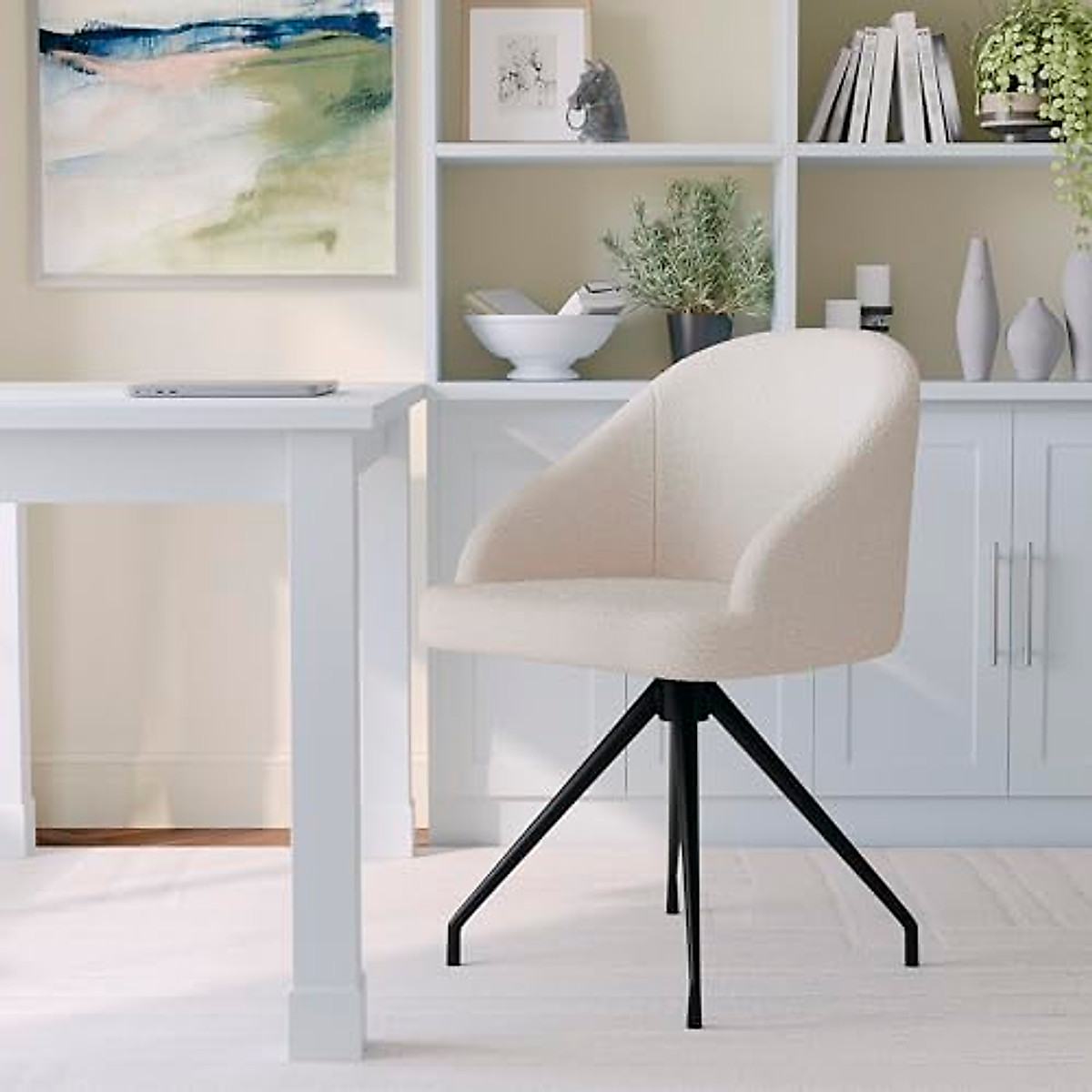 Martha Stewart Sora Stationary Swivel Task Chair with Sloped Arms for Home Office in White Boucle with Oil Rubbed Bronze Frame