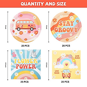 100 PCS Groovy Paper Plates Napkins Boho Groovy Party Supplies 9 inch Disposable 60s 70s Daisy Love Peace Rainbow Party Plates and Napkins for Birthday Baby Shower Party Supplies