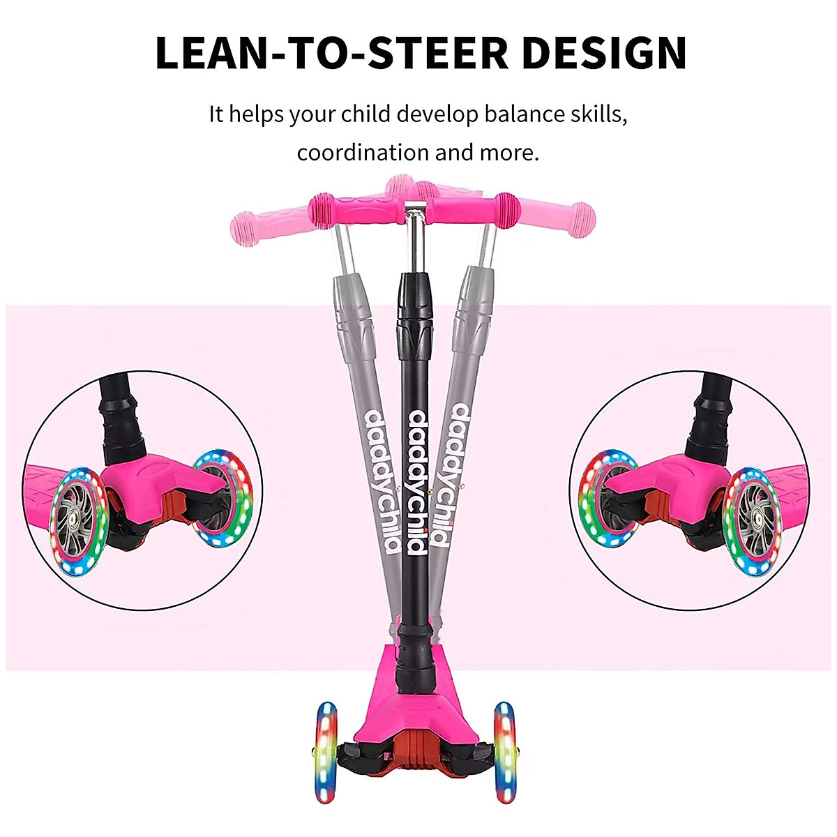 Scooters for Kids 3 Wheel Kick Scooter for Toddlers Girls & Boys, 4 Adjustable Height, Lean to Steer, Extra-Wide Deck, Light Up Wheels for Children from 3 to 14 Years Old,Pink