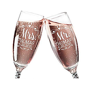 Mr Mrs Wedding Reception Celebration Twisty Stem Champagne Glasses Set of 2 Couples Newlywed Married Groom Bride Husband Wife Anniversary Engraved CLEAR Flute Glass Favors (Personalized)
