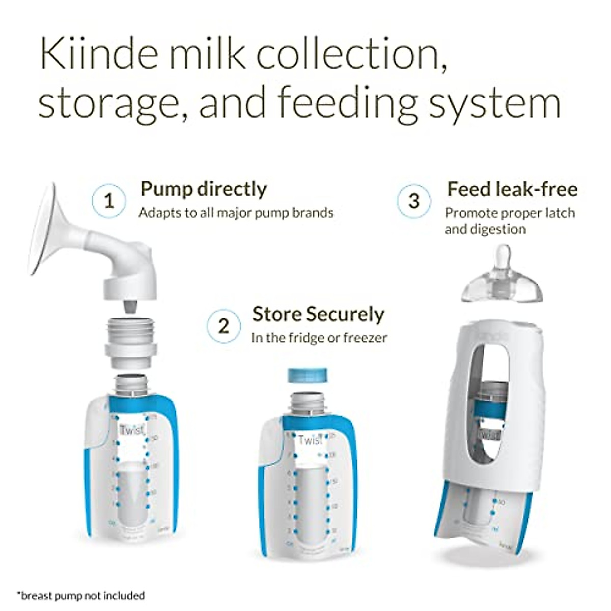 Kiinde Twist Universal Direct-Pump Feeding System Starter Kit for Leak-Free and Transfer-Free Breastmilk Collection, Freezing, Heating and Feeding, New Mom Gift