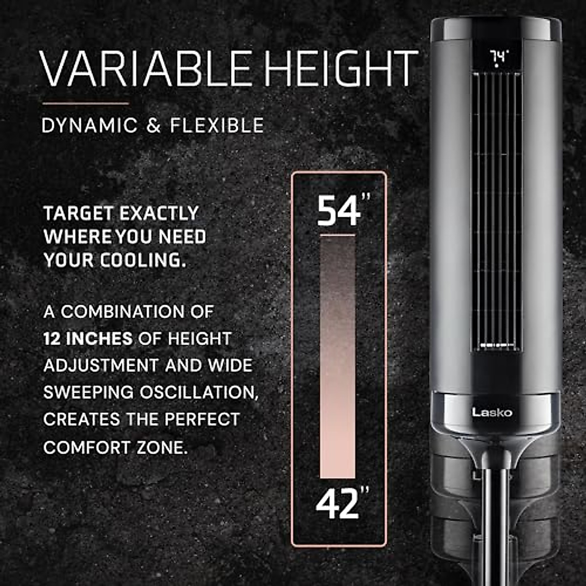 Lasko Elevation 42”-54” Adjustable Height Pedestal Tower Fans for Home, 31 ft/s Airflow, Quiet 28 dB on Low, 90° Oscillation, 12 Hour Timer, Remote Control, Black, EST100