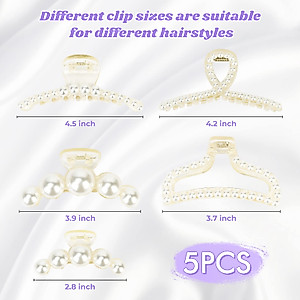 DEEKA 5 Pcs Large Pearl Hair Claw Clips White Black Thick Long Jaw Clips Barrettes Hair Accessories for Women and Girls