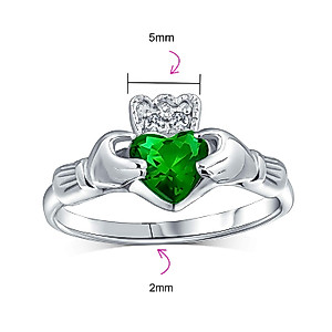 BFF Celtic Irish Friendship Promise AAA CZ Green Simulated Emerald Hands & Heart Claddagh Ring For Women Teens .925 Sterling Silver
