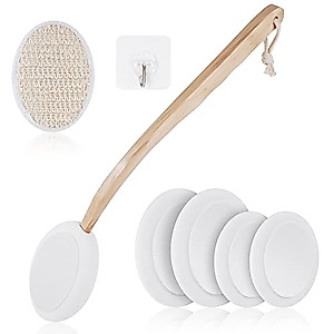 URAQT Lotion Applicator for Back, 7 Piece Set Back Cream Applicator, 2 in 1 Body Brush Back Scrubber for Self Application, Long Wooden Handle Back Applicator with 4 Pads, Bath Brush and Hook