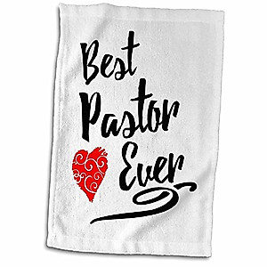3D Rose Best Pastor Ever Design in Black Script with Red Heart Motif Hand Towel, 15" x 22", Multicolor