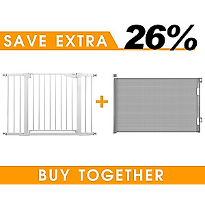 Cumbor 29.7-46" White Baby Gate & Cumbor 0-55" Gray Retractable Baby Gate for Stairs, Wide Safety Gates for Kids or Pets, Child Gate for Doorways, Hallways, Indoor, Outdoor