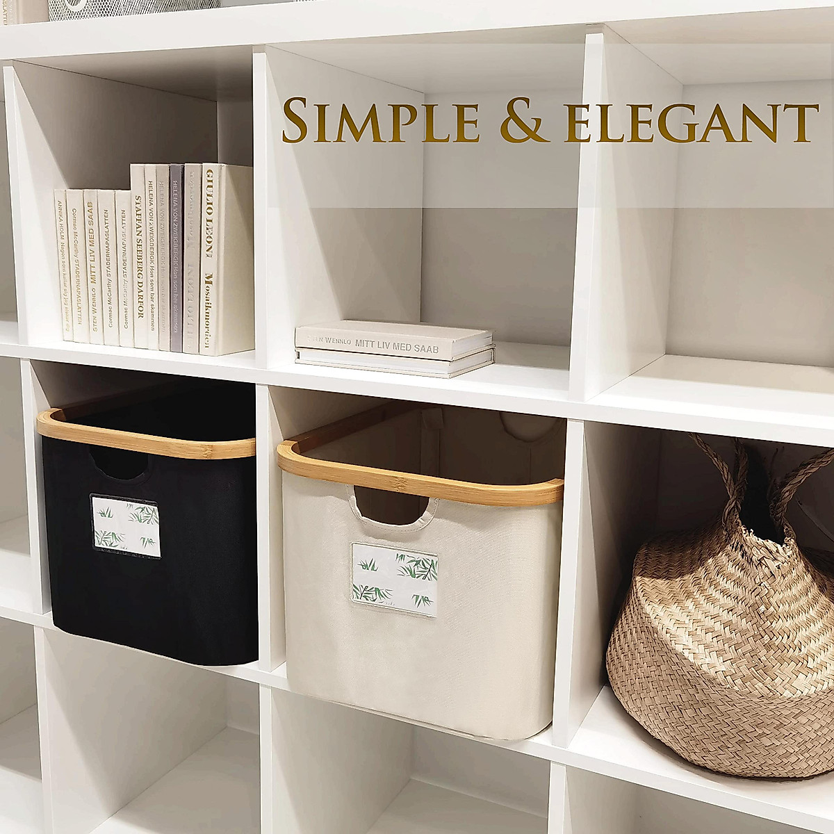 DAKCOS 2 Pack Foldable Storage basket with Handles Bamboo Rim Collapsible Fabric Storage basket for Storage Clothes,Toys,etc. 32L,Beige