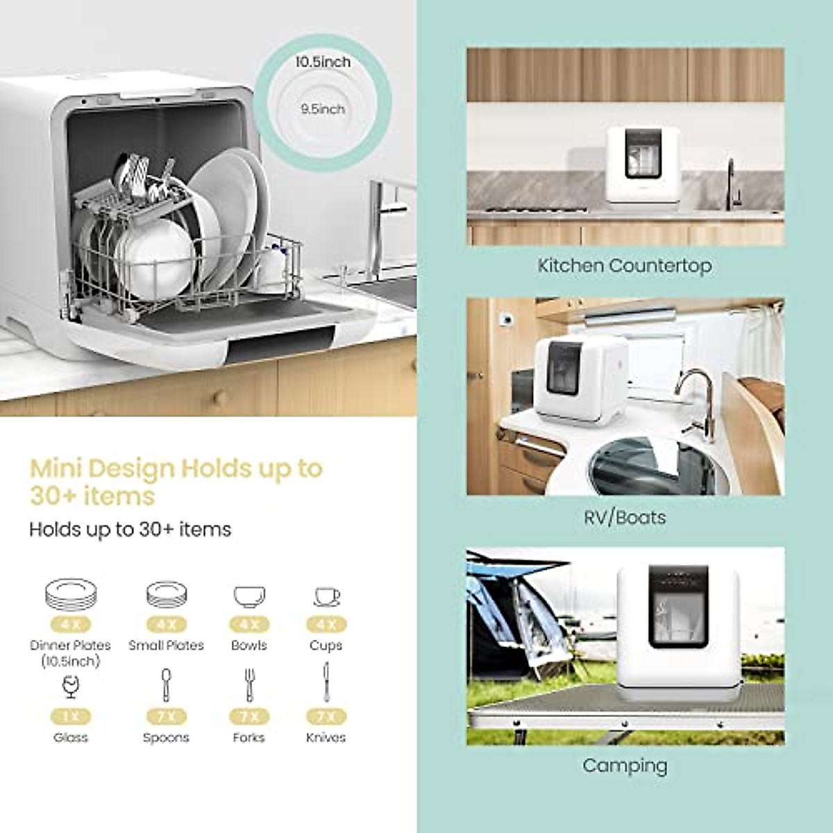 COMFEE' Countertop Dishwasher, Portable Dishwasher with 6L Built-in Water Tank, 7 Programs, UV Hygiene& Auto Door Open, for Apartments, Dorms& RVs & Cascade Platinum Dishwasher Pods, Lemon, 62 Count