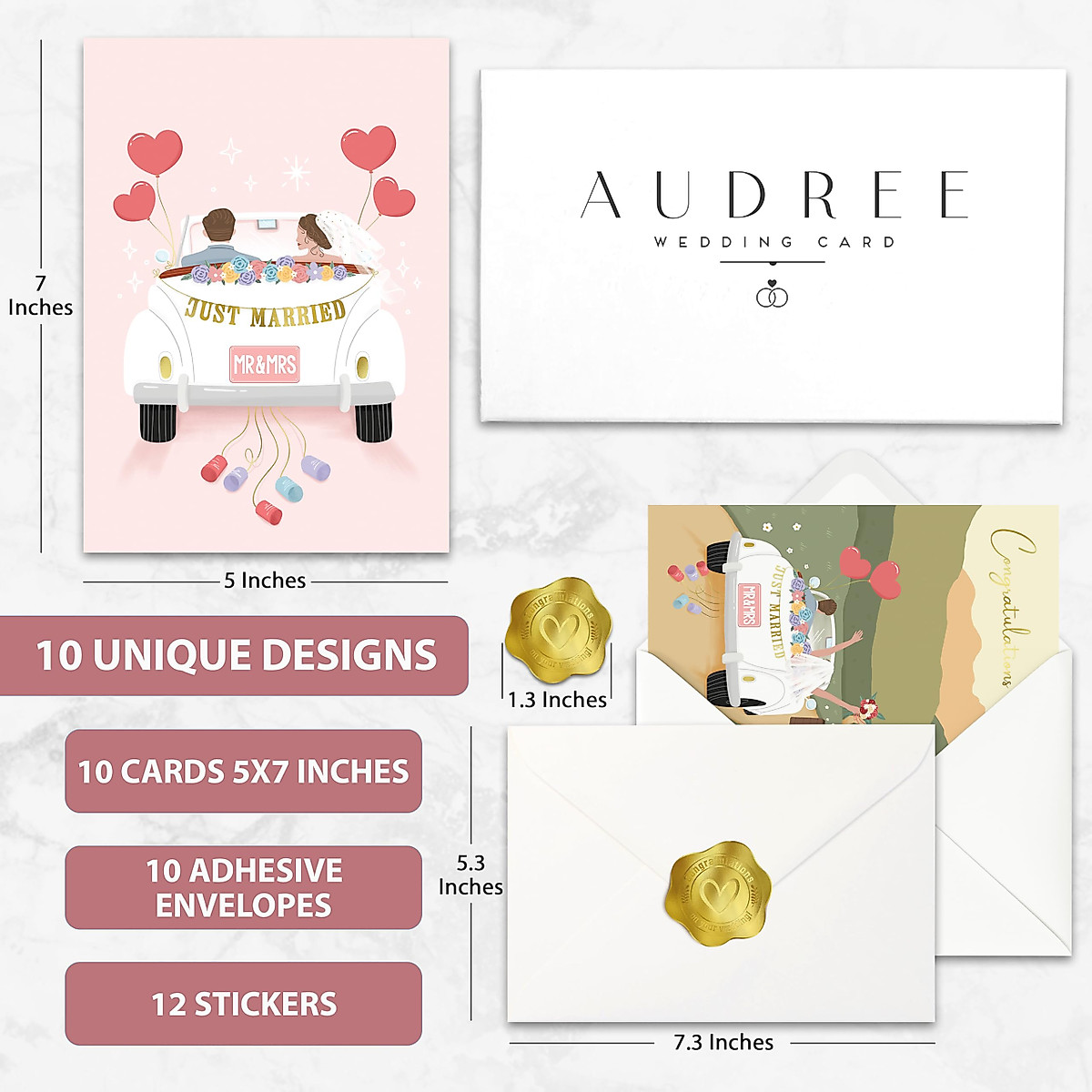 AUDREE 10 Modern Gold Foil Wedding Cards for Bride And Groom with Envelopes (5”x7”), Assorted Greeting Cards For Bridal Shower, Engagement, Newlywed, Wedding Congratulations, Wedding Cards Bulk