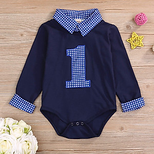 Baby Boy First Birthday Clothes Plaid Stand Collar Long Sleeve Romper Jumpsuit Cake Smash Outfit (Navy Blue, 15 Months)
