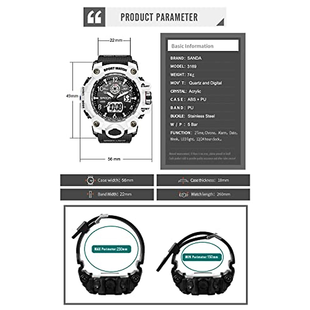 KXAITO Men's Watches Sports Outdoor Waterproof Military Watch Date Multi Function Tactics LED Face Alarm Stopwatch for Men 3169 (Panda Color