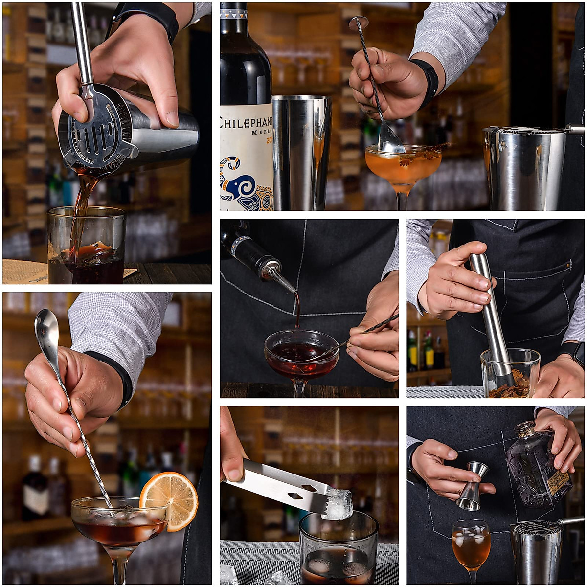 Esmula Bartender Kit with Stylish Bamboo Stand, 12 Piece 20oz/25oz Boston Cocktail Shaker Set for Mixed Drink, Professional Stainless Steel Bar Tool Set, Gift for Man Dad- Cocktail Recipes Booklet