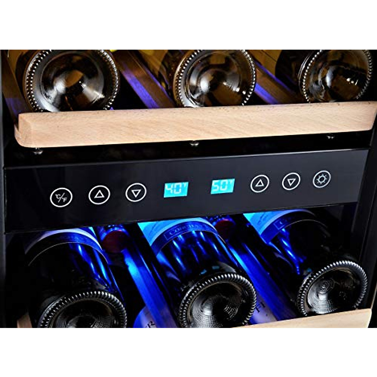 Phiestina Dual Zone Wine Cooler Refrigerator, 33 Bottle Free Standing Compressor Fridge and Chiller for Red and White Wines, 16'' Glass Door Wine Refrigerator with Digital Memory Temperature Control