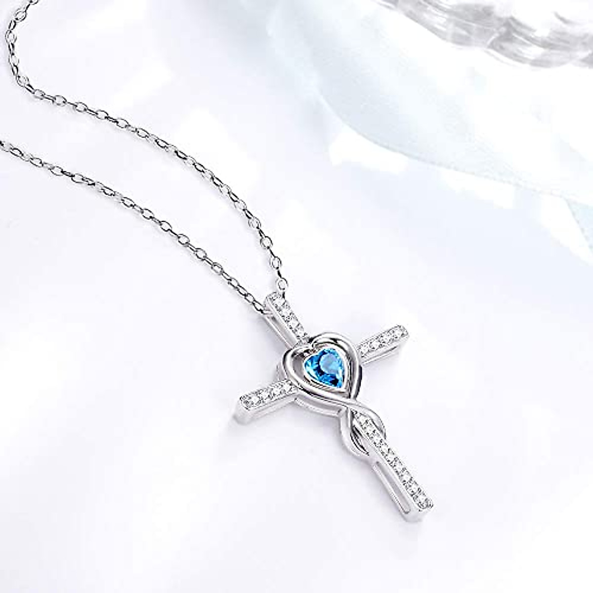 Blue Aquamarine Necklace for Mom Wife Birthday Gifts Sterling Silver Love Heart Infinity Pendant Necklace for Her