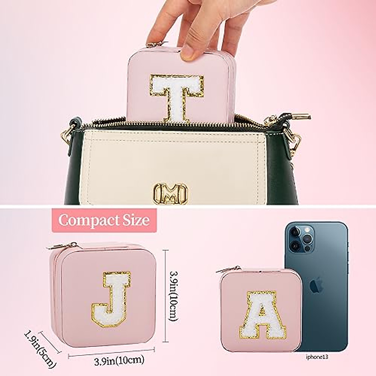 Ulico Travel Jewelry Case Jewelry Box- Small Jewelry Organizer with Mirror, Jewelry Holder Organizer Box, Travel Essentials Travel Gifts Birthday Gifts for Women Girls Friends Sister Initial Pink M