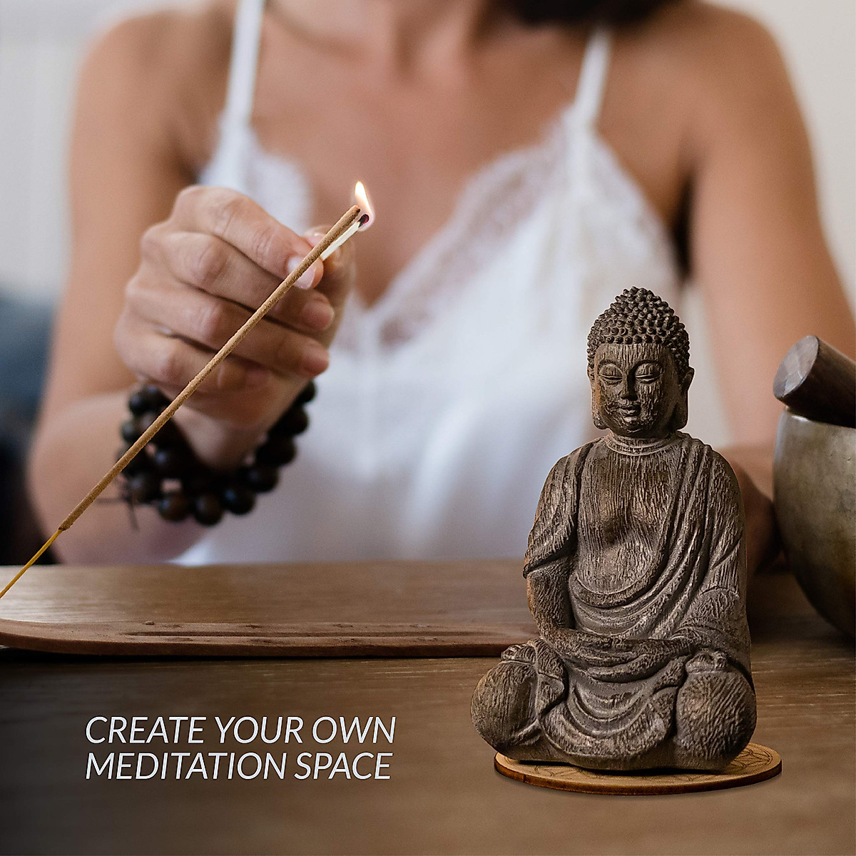 LOTS OF ZEN Mini Buddha Statue — 6.7 inch Buddha Statue with Wooden Round Base Included — Mini Buddha Statue for Spiritual Home Decor