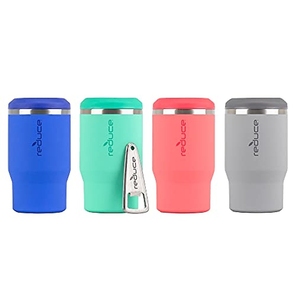 REDUCE 4-in-1 Stainless Steel Bottle and Can Insulator - Keeps Bottles, Cans, Skinny Cans and Mixed Drinks Cold - Sweat-Free, Perfect for Outdoor Drinking - 4pk - Blue, Green, Pink & Gray