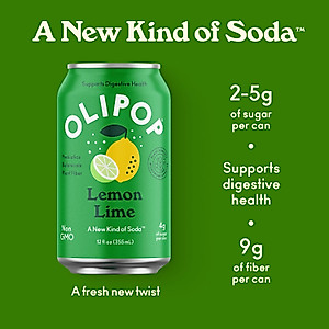 OLIPOP Prebiotic Soda Pop, Lemon Lime, A New Kind of Soda Packed with Prebiotics, Fiber, and Botanicals, Gluten Free, Vegan, GMO Free, 12oz (12-Cans)