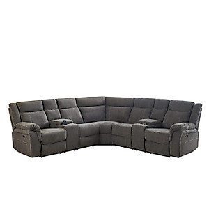 Elountik Modern Fabric Upholstered Power Reclining Sectional Couch with 2 Power Recliners, 2 Storage Consoles, 4 Cup Holders, USB Charging Ports, Gray Frabic