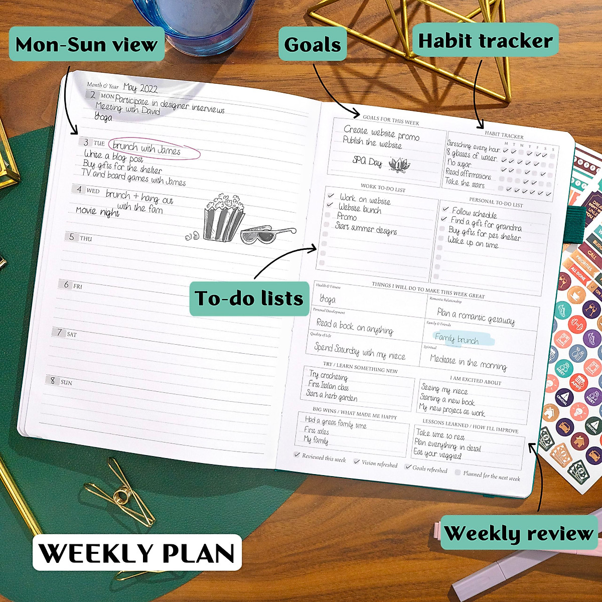 Legend Planner PRO – Deluxe Weekly & Monthly Life Planner to Increase Productivity and Hit Your Goals. Time Management Organizer Notebook – Undated – 7 x 10" Hardcover + Stickers – Dark Teal