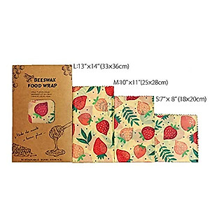 VOVOLO (Strawberry Print 3 Pack S/M/LReusable Beeswax Food Wraps Eco Friendly Wrappers Sustainable Plastic Free Food Storage Washable Bowl Covers Sandwich Wrappers