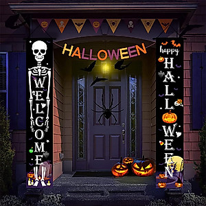 Halloween Decorations Outdoor - Happy Halloween & Welcome Skeleton Porch Banners for Halloween Decor - Front Door Outside Yard Garland Party Supplies