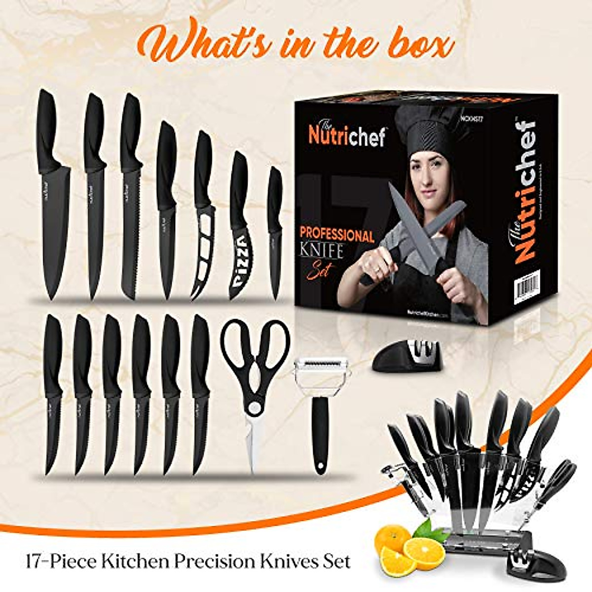NutriChef 17 Piece Kitchen Knife Set - Stainless Steel Kitchen Precision Knives Set w/ 6 Steak Knives & Bonus Sharpener, Scissors, Peeler, Acrylic Block Stand - Slicing, Chopping, Dicing - NCKNS17