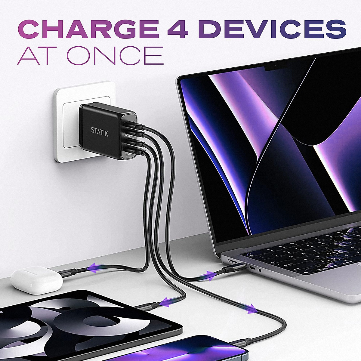 STATIK 100W GaN Charger Super Fast Charger Block USB C - 3 Ports Wall Charger Block Type C Plug Adapter, High-Speed Power Compatible with MacBook Pro Air, iPhone, Samsung, Laptop Chargers & adapters