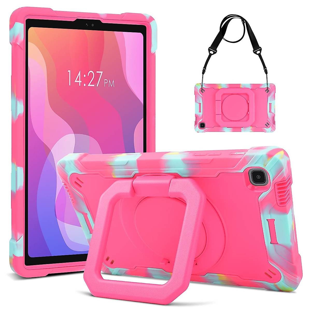 DETUOSI Case for Samsung Tab A7 Lite 8.7 inch 2021 Release SM-T220/T225/T227u, Shockproof Protective Cover for Galaxy Tab A7 Lite 8.7 inch (360°Rotatable Stand & Shoulder Strap), Camouflage Rose Red